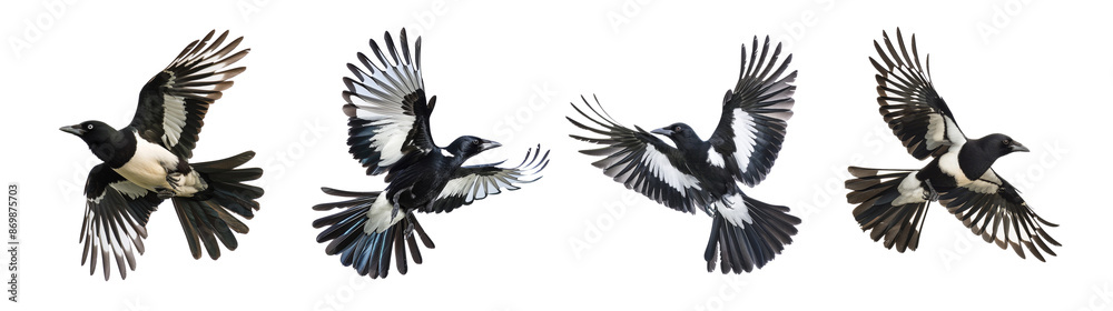 Four flying magpies with spread wings in different positions on ...