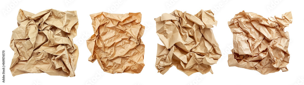 Four crumpled wads brown kraft paper isolated on transparent background ...