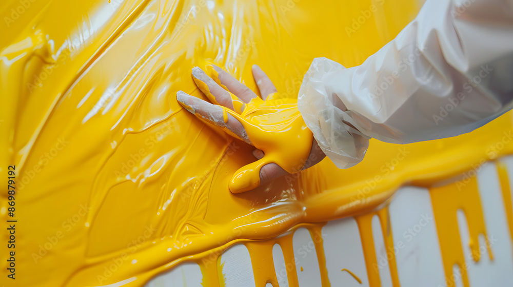 applying colored yellow membrane to a surface of plastic 3d letter of ...