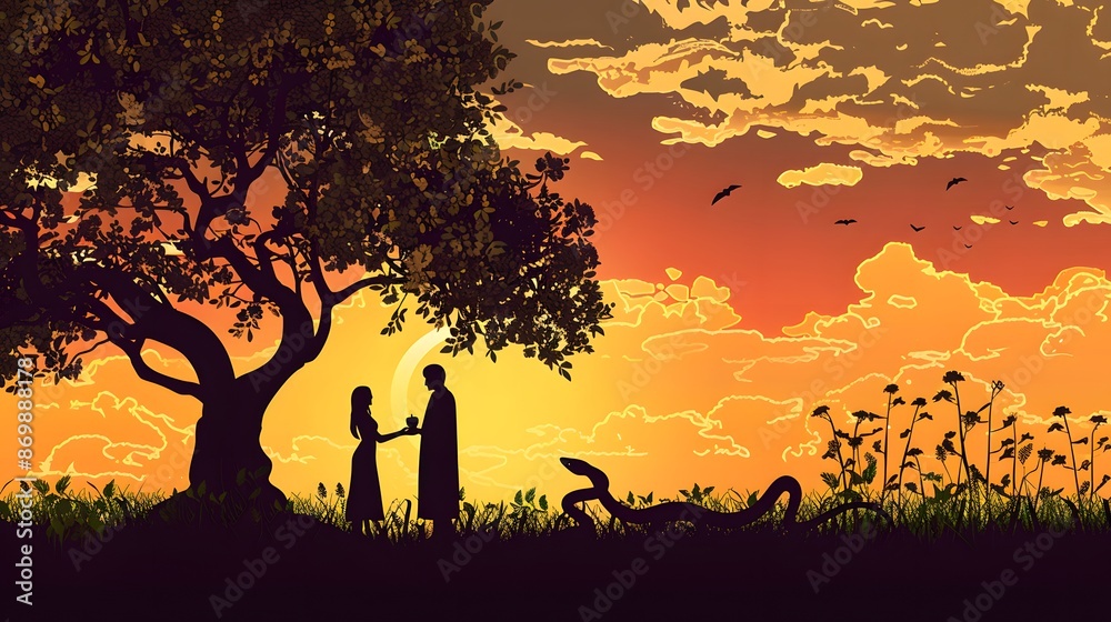 Adam and Eve in paradise, apple, snake, silhouettes Stock Illustration ...