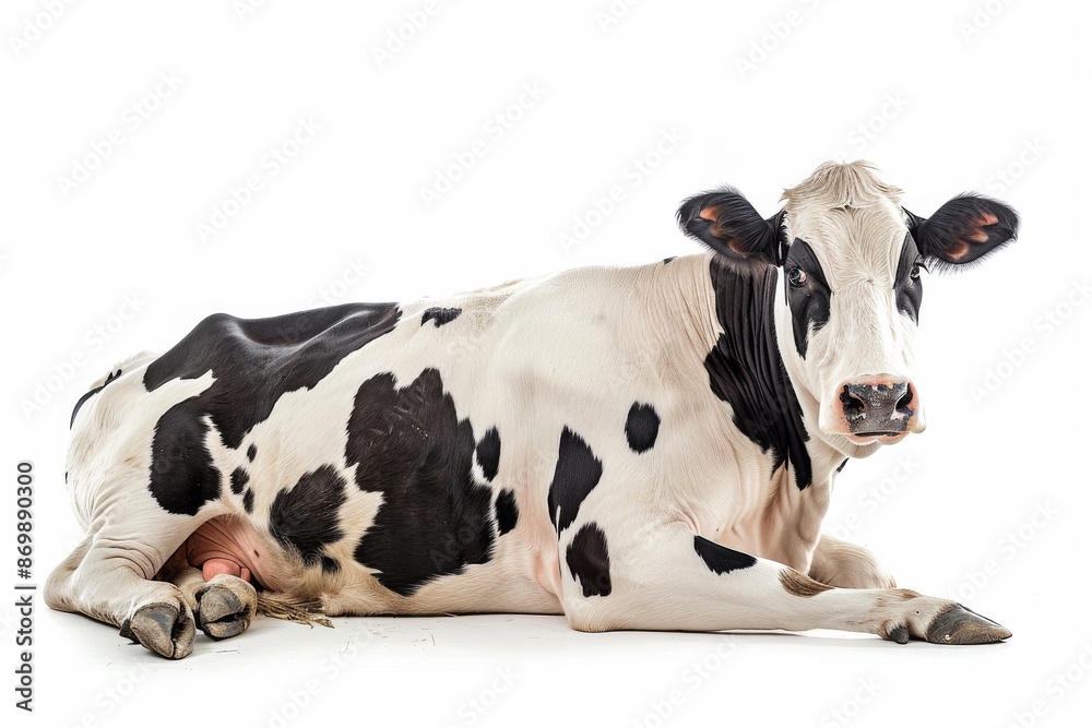 the beside view Holstein Cow lying down while grazing, left side view ...