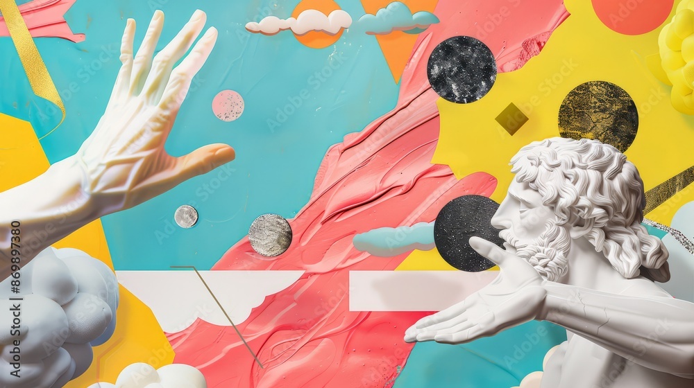 Creation of Adam. Contemporary art collage. Memphis style poster ...