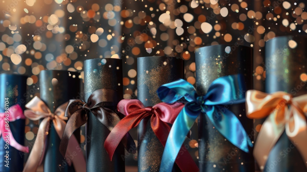A row of diplomas tied with different colored ribbons, with a glitter ...