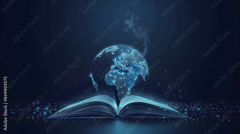futuristic global education concept with glowing low polygonal open book and planet map on dark ...