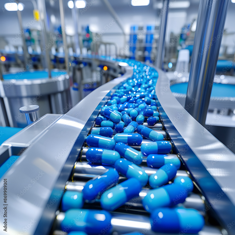 blue capsules are moving on conveyor at modern pharmaceutical factory ...