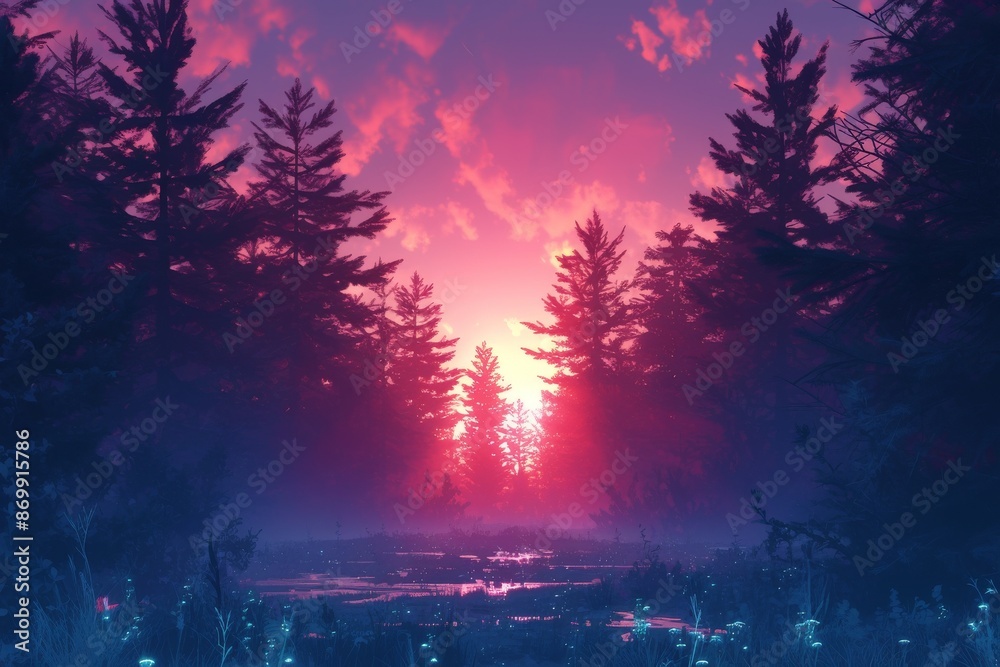 Neon lit nature scenery with glowing highlights for visual art Stock ...