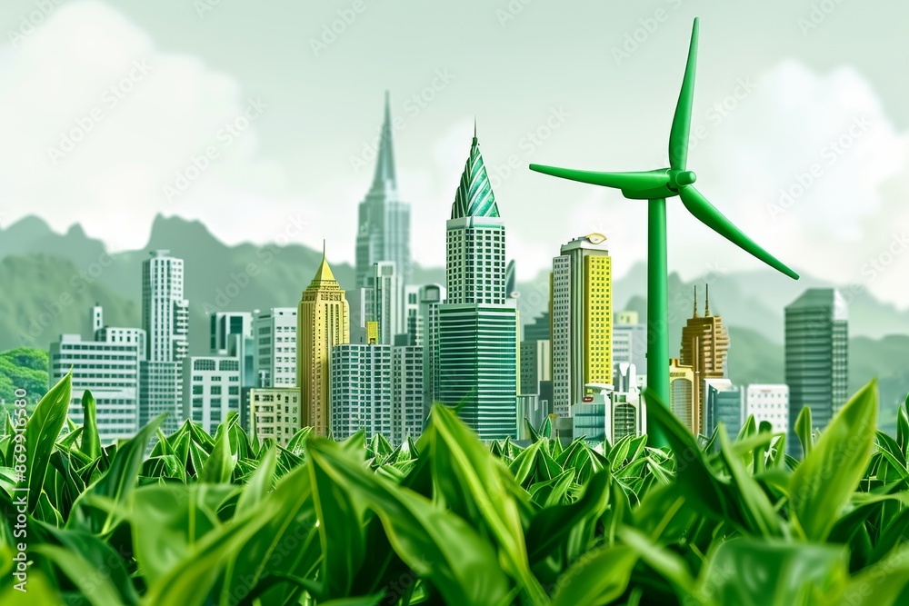 Green urban future featuring a cityscape with wind turbines and ...