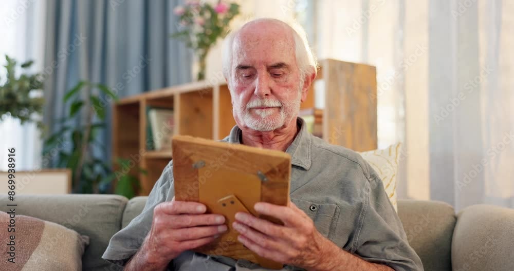 Senior, man and thinking with photograph on couch for reminiscing ...