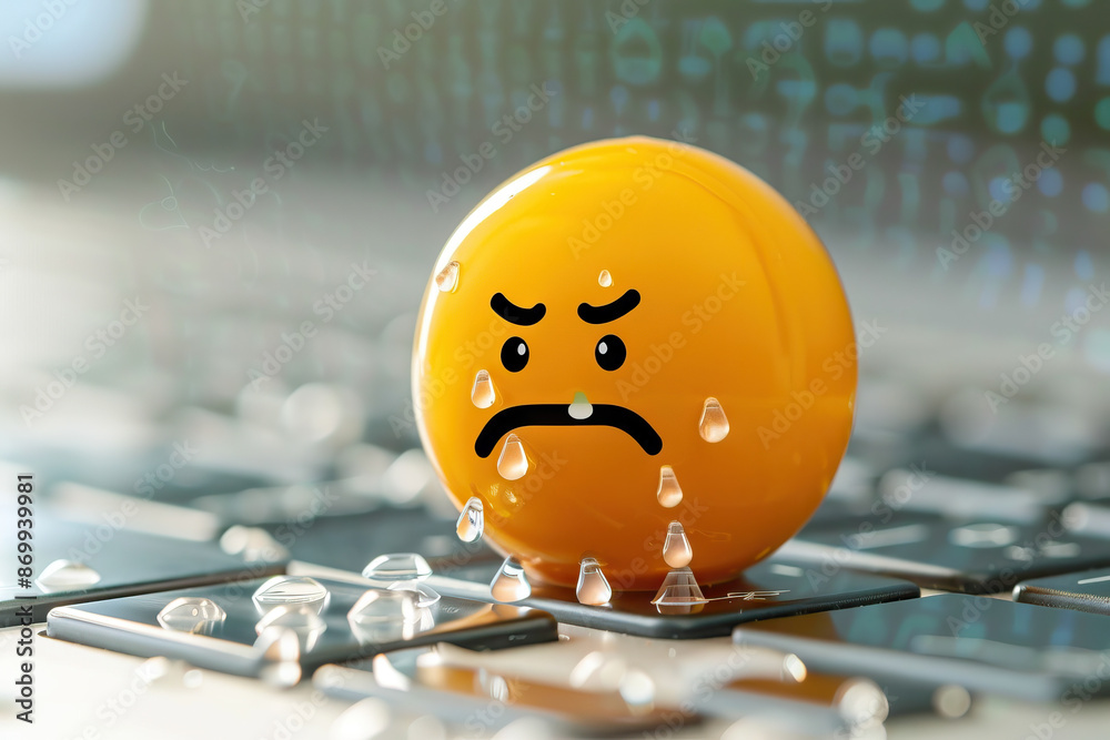 A sad, yellow emoticon with a distressed expression and tears, placed ...