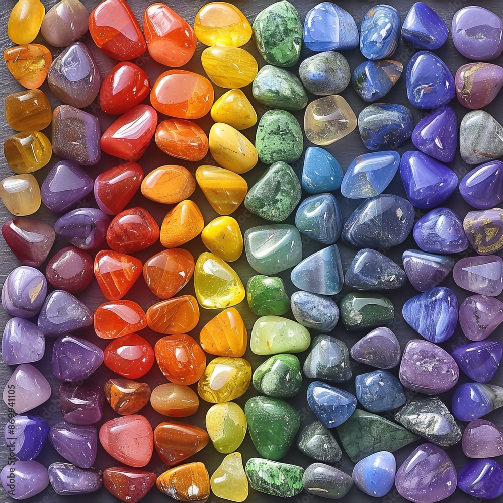 Tumbled chakra stones are arranged in neat rows. Their color ...