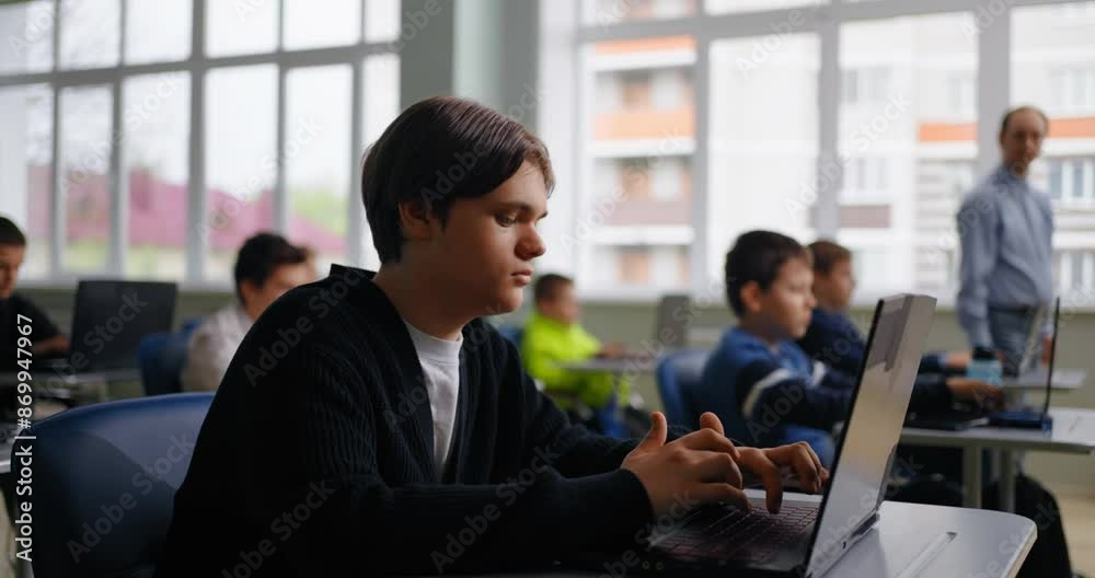 Teen Boy Learning Computer Science In School, Portrait Of Pupil Working ...