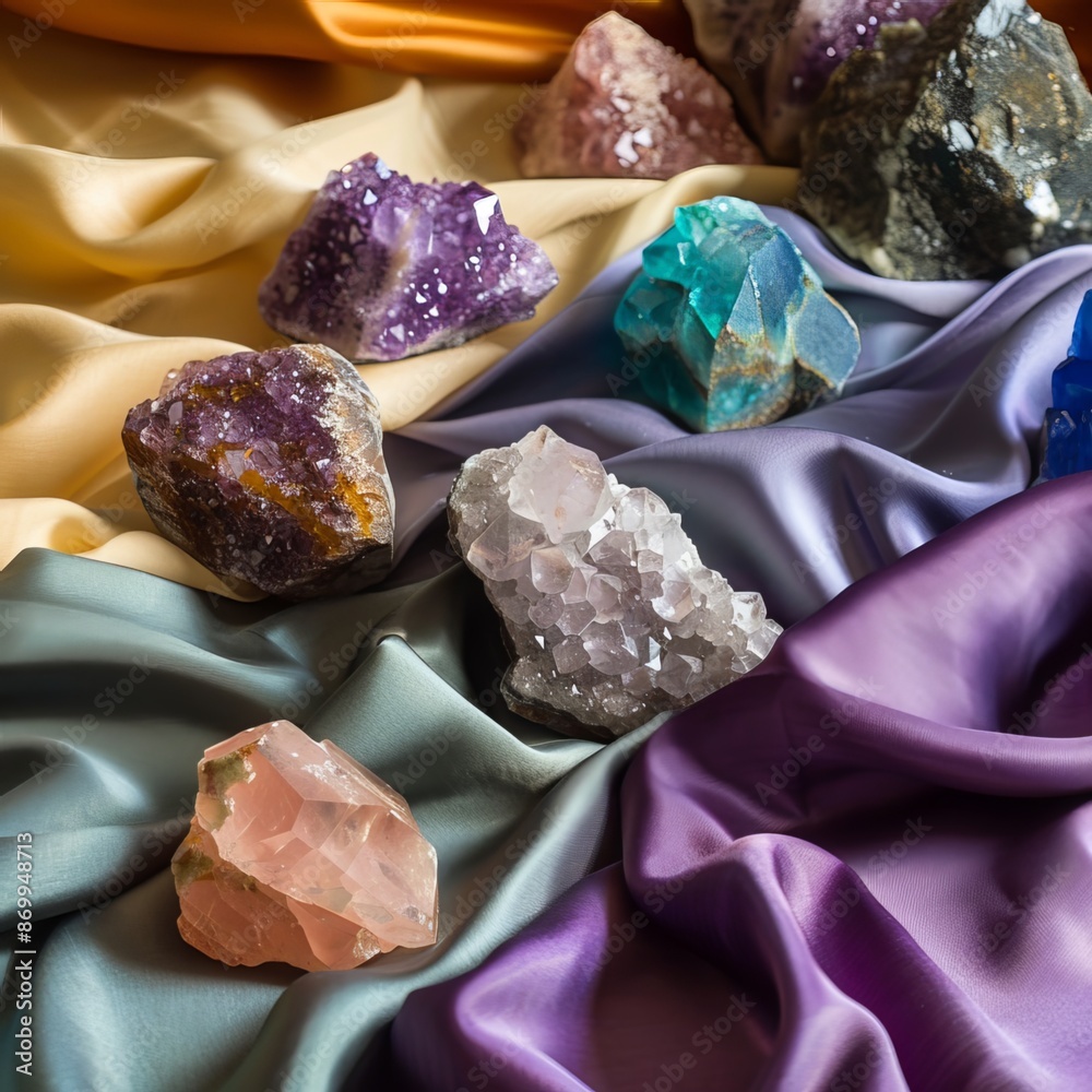 Crystals placed on a fabric background are used in reiki healing. These ...