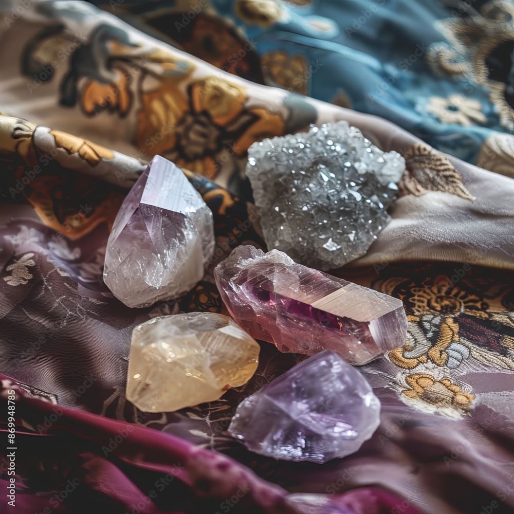 Crystals placed on a fabric background are used in reiki healing. These ...