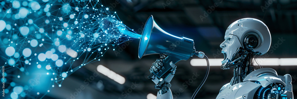 cyborg humanoid robot hold a blue megaphone open mouth shout, with ...