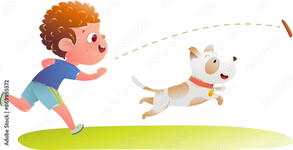 Cute redhead boy and his best friend little puppy dog running playing ...