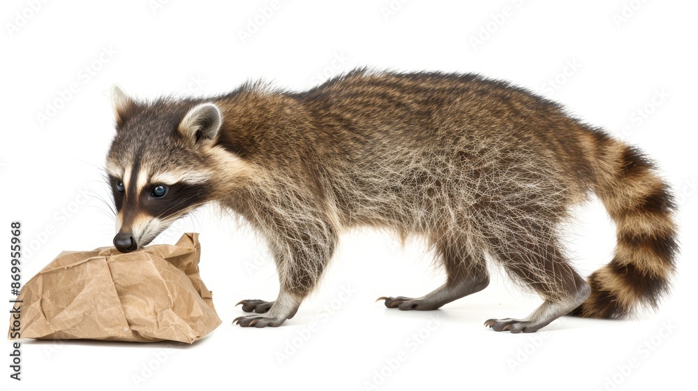 Inquisitive raccoon eating garbage, gazing at camera on white ...