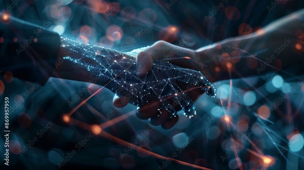 An image depicting a handshake with a futuristic, cyber-inspired theme ...