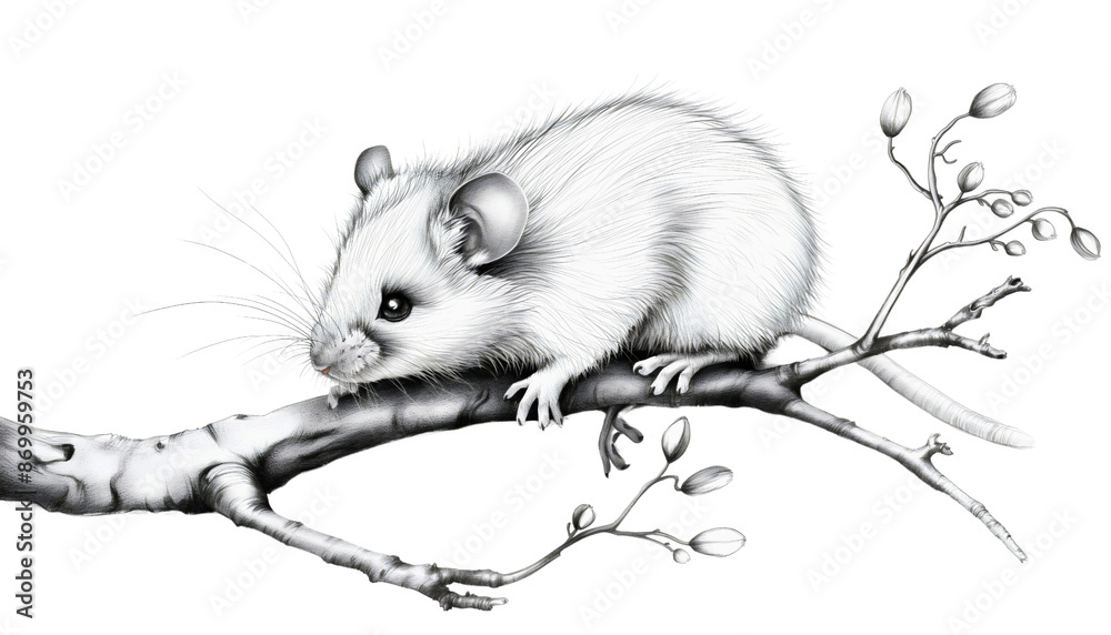 Rat, mouse or mice animal on a tree branch, pencil drawing, isolated on ...