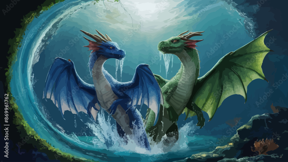 Two dragons emerging from the depths of the water. The dragons, one ...