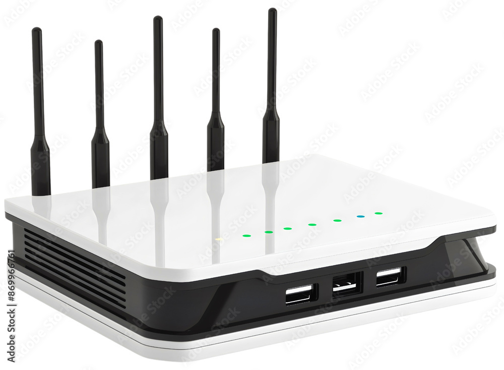 Black and white Wi-Fi internet router device with antenna object ...