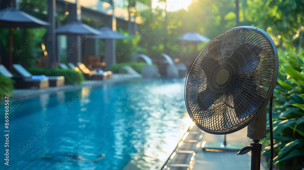 Fan ventilator placed next to the swimming pool in hotel resort garden ...
