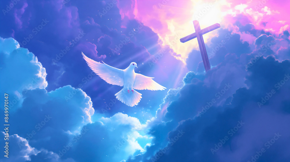 White dove bird symbolizing Holy Spirit flying near wooden cross in the ...