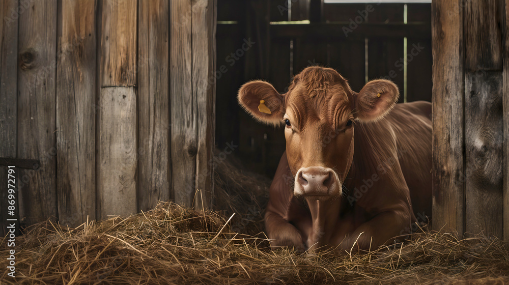 Brown cow lying the wooden barn stall surrounded by hay. Domestic ...