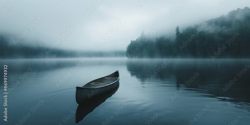 A canoe glides on a foggy lake, minimalist composition with light sky ...