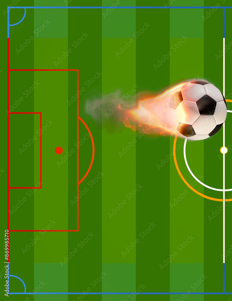 Vertical design, burning football soccer ball shrouded in flames and ...