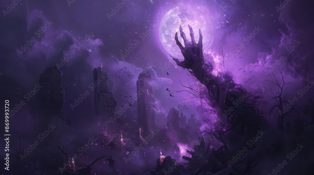 necromancer conjuring dark spirits swirling mist eerie purple glow ...