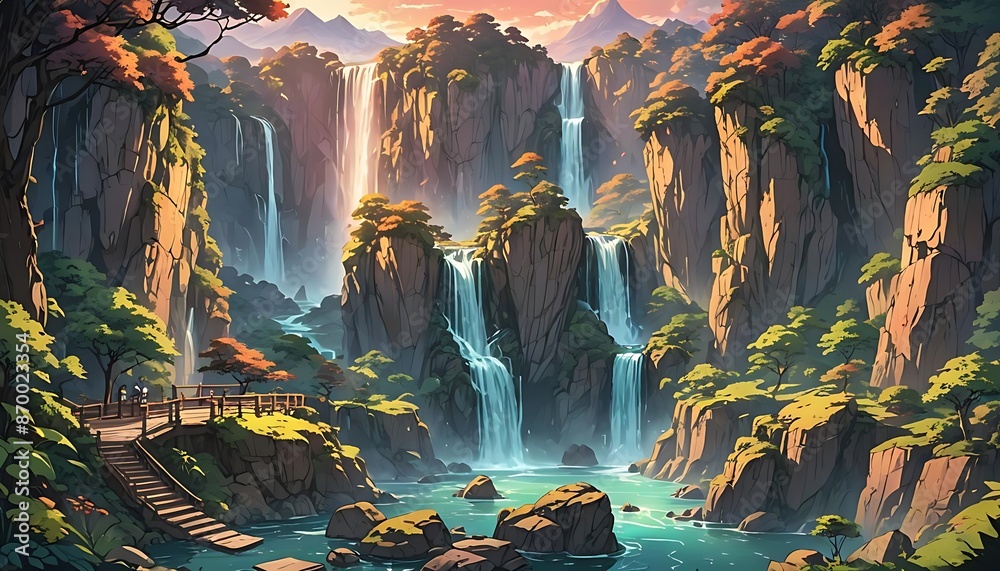 scenery of a powerful waterfall cascade in a lush green tropical jungle ...