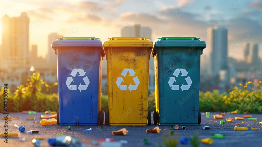 City Recycling: Container Trash Bin with Yellow, Green, and Blue Bins ...