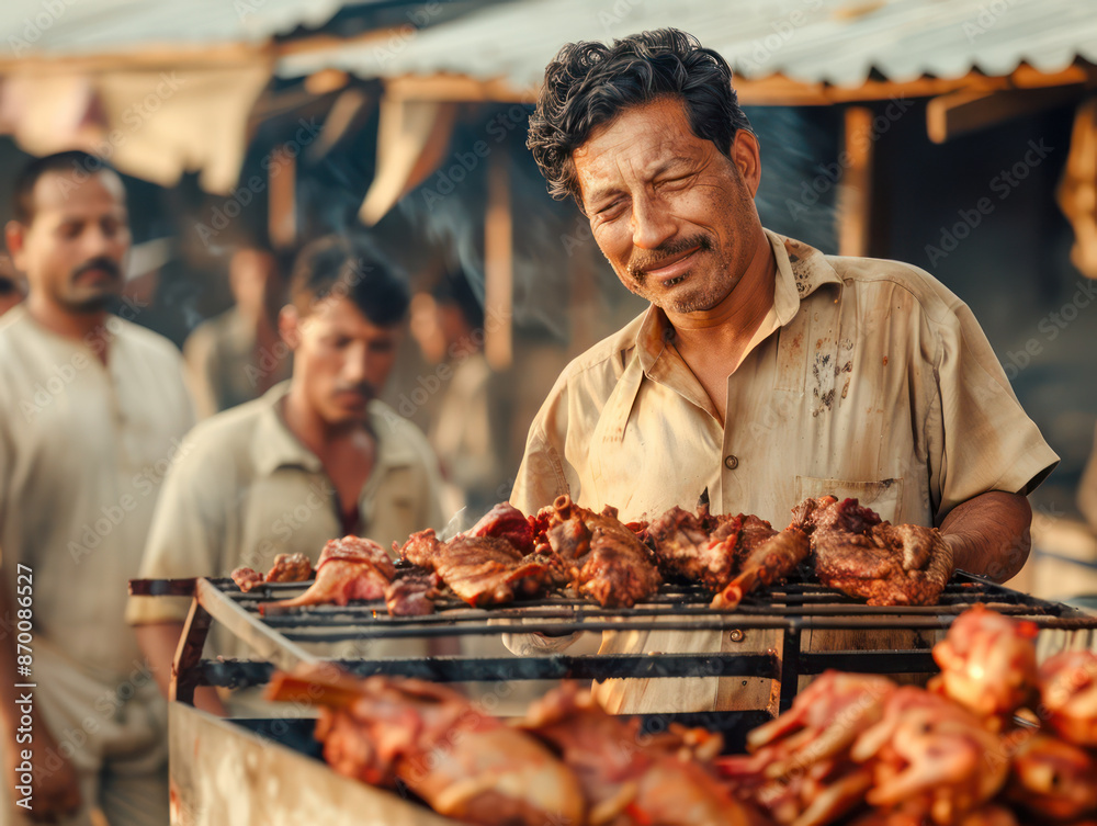 Foto de Eid al-Adha Celebration Muslim Man Grilling Meat After Qurbani ...