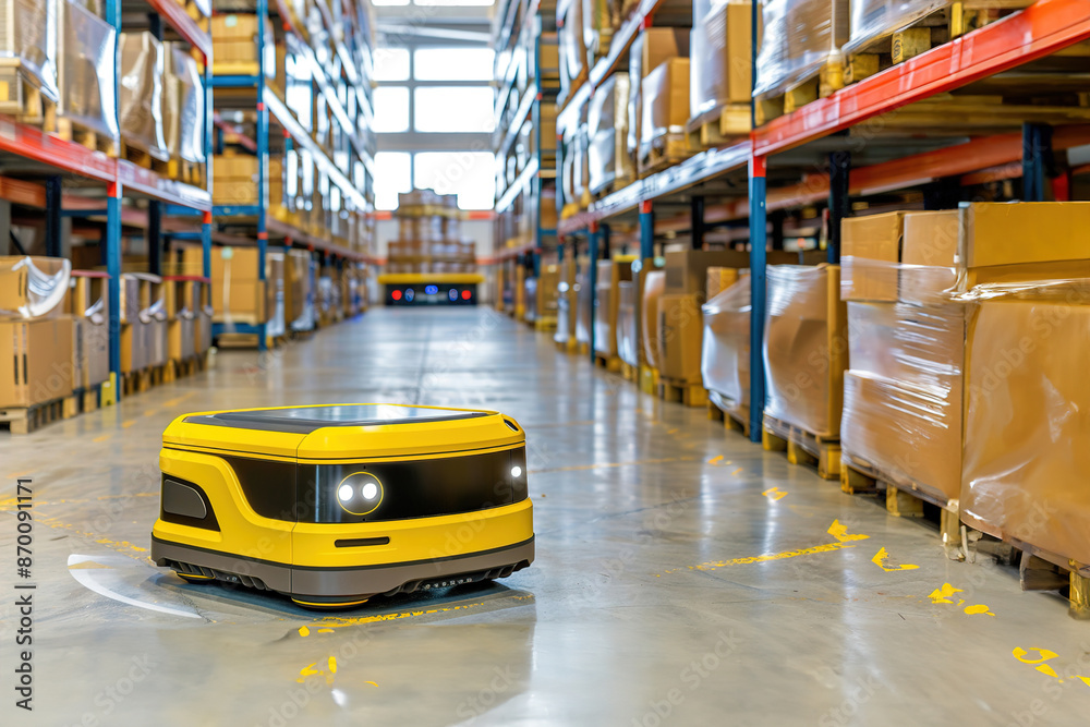 Automated guided vehicles in warehouse: Robots moving pallets within a ...