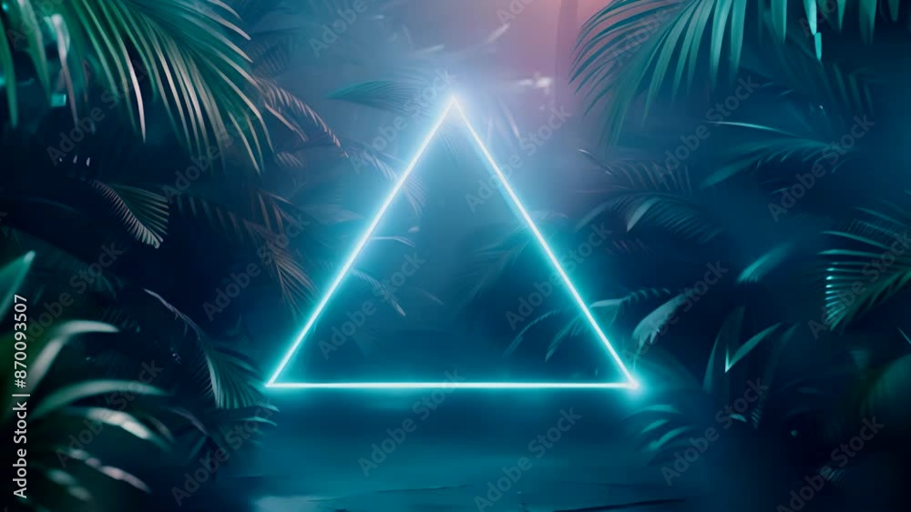 Neon triangle frame in jungle backdrop, Futuristic glow shape in ...