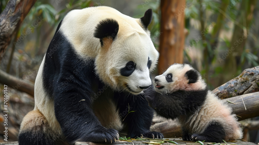 Giant Panda Mother and Cub in Bamboo Forest. A Portrait of Wildlife ...