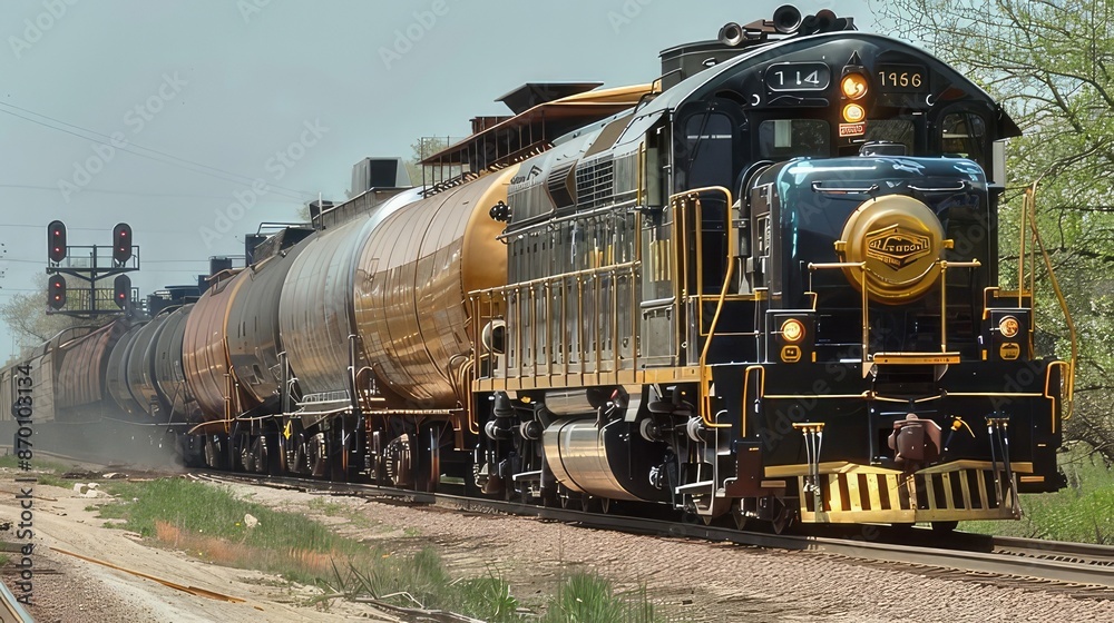 Powerful black and gold freight train locomotive pulling tanker cars on ...
