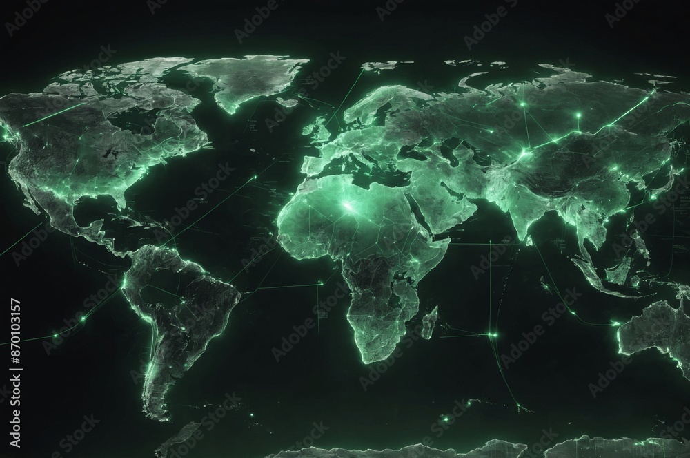 Digital world map with glowing green lines global network continents ...