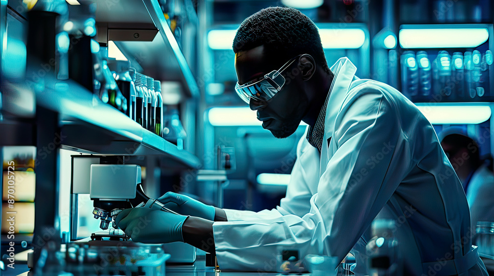 Detailed view of African-American scientist in modern lab researching ...