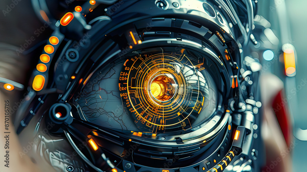 Detailed view of robotic or bionic eye with advanced circuitry digital ...