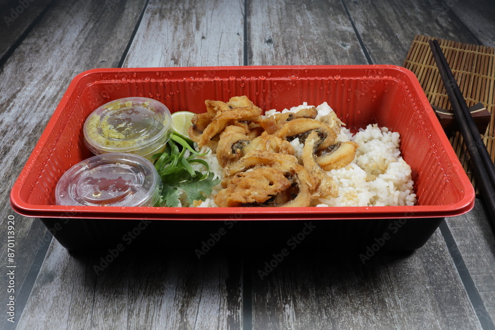 Traditional deep fried fish fillet topping on the rice serving with ...