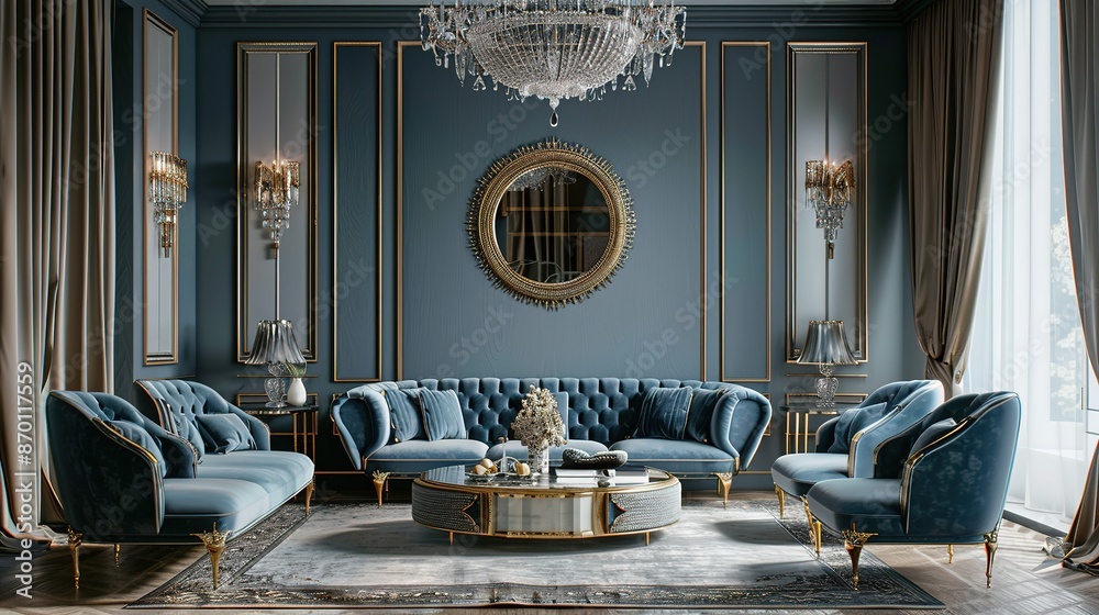 Luxurious living room interior design with blue and gold accents ...