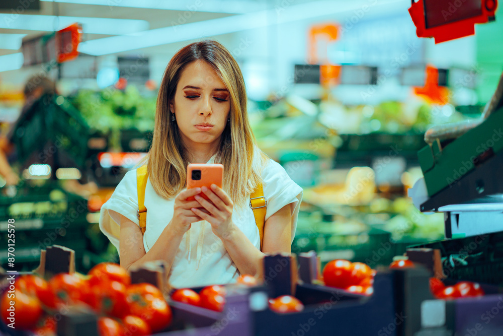 Forgetful Supermarket Client Checking her Digital Shopping List Puzzled ...