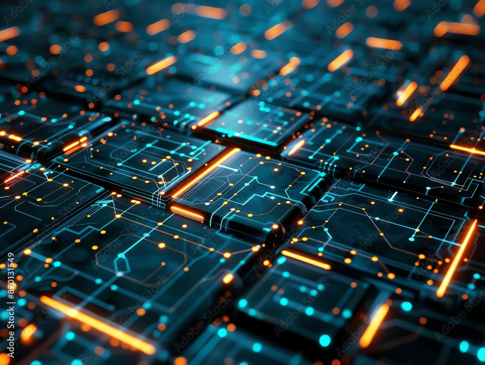 Futuristic technology circuit board with glowing elements and dynamic ...