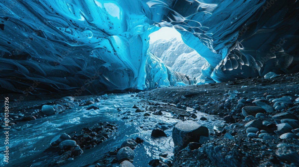 A collapsed ice cave in a glacier, exposing blue ice walls and caverns ...
