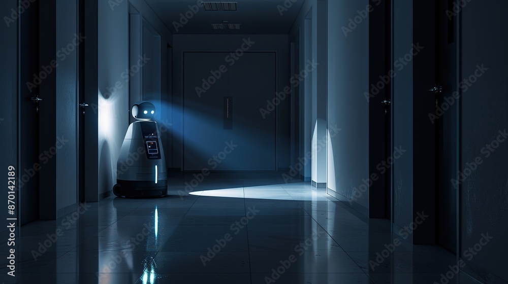 Night Shift: Lone Robot Security Guard Patrolling Dark, Empty Office ...