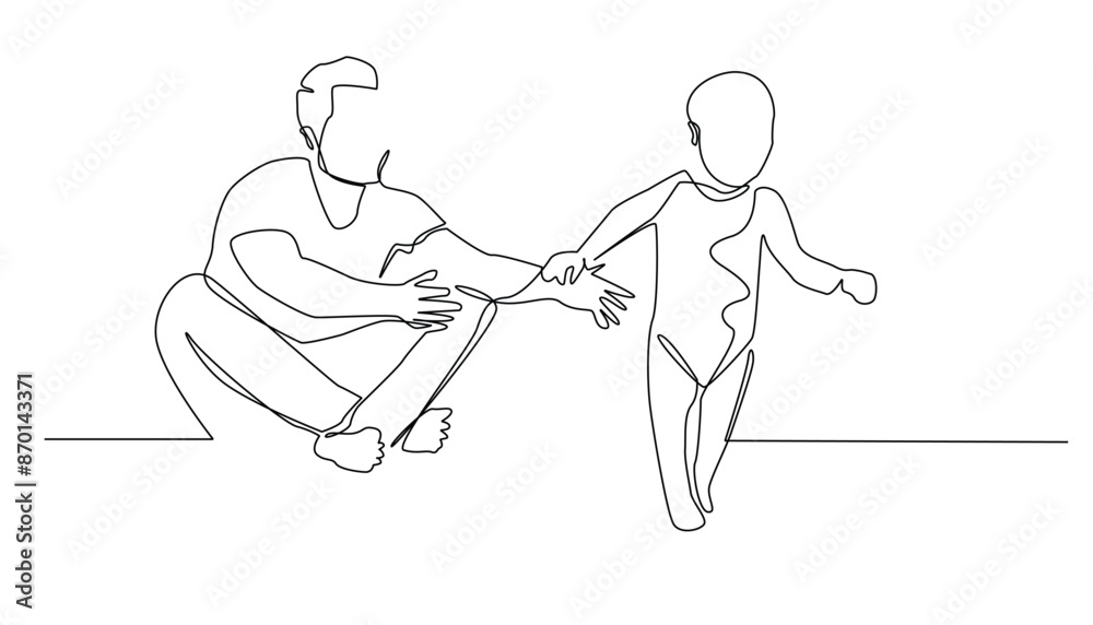 continuous line drawing of a child learning to walk. The first day the ...