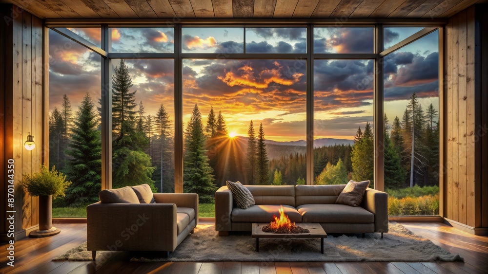 Serene forest view living room with floor sofa, large window, fireplace ...