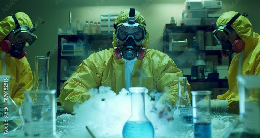 Scientists in hazmat suits conducting experiments in a laboratory ...