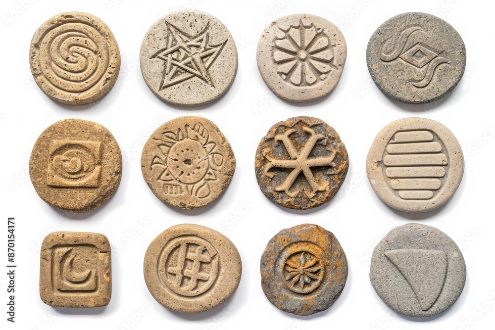Collection of ancient carved stone symbols and runes, representing ...